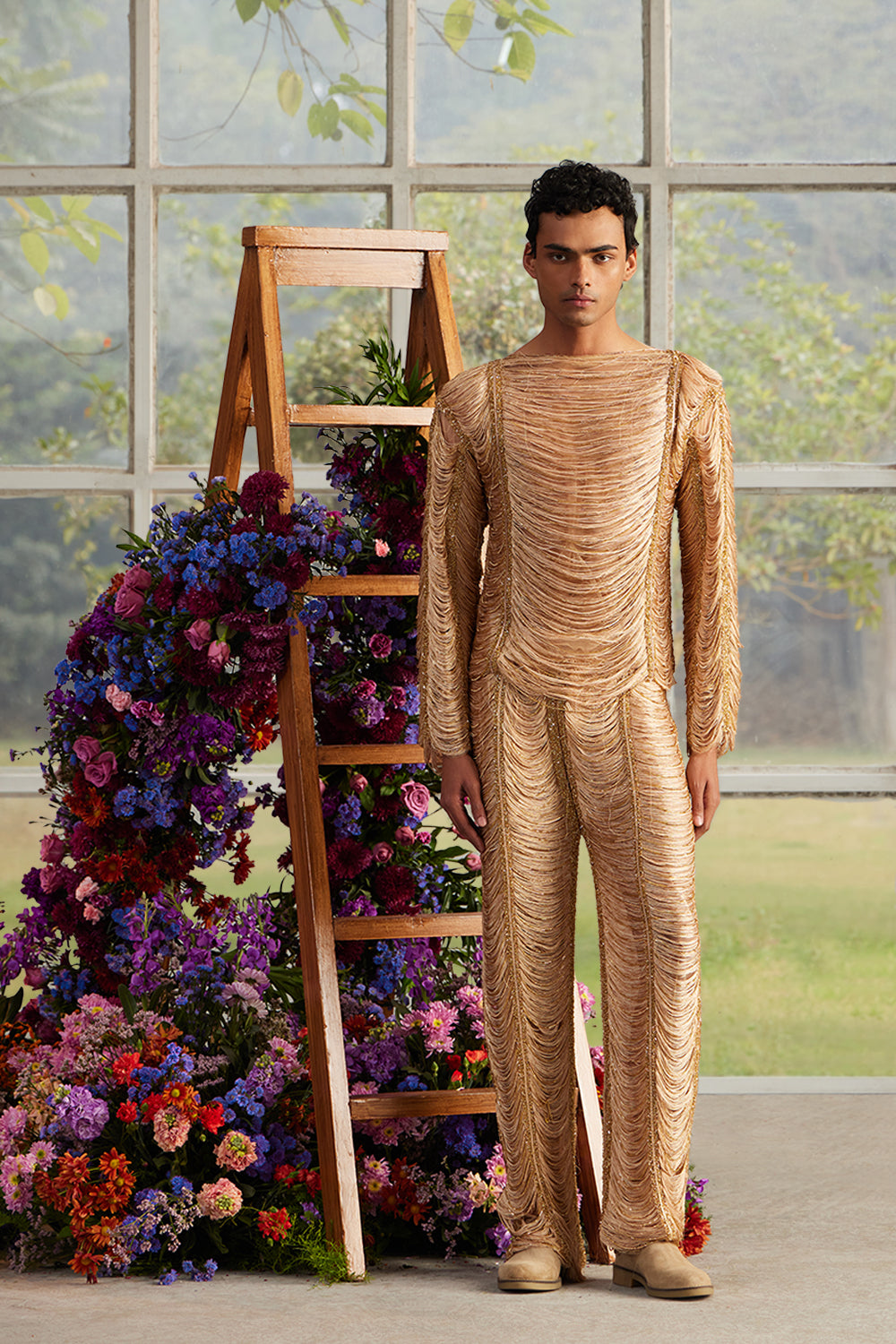 Champagne Thread Shred Beaded Co-ord Set available only at Shivan and ...