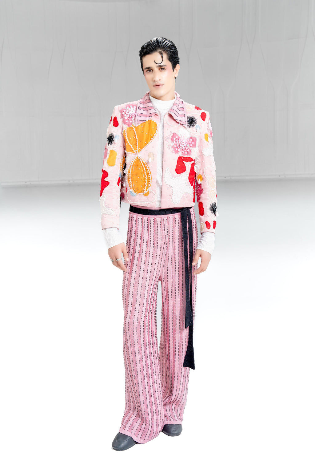 Blush Fleur Applique Jacket with Sequinned Turtleneck and Ladder Knit ...