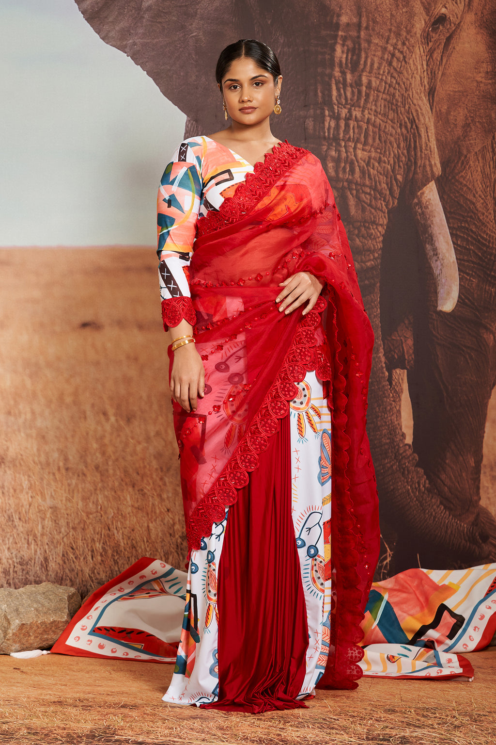 Surocco & Coccinella Fern Skein Tailored Sari with Bustier available ...