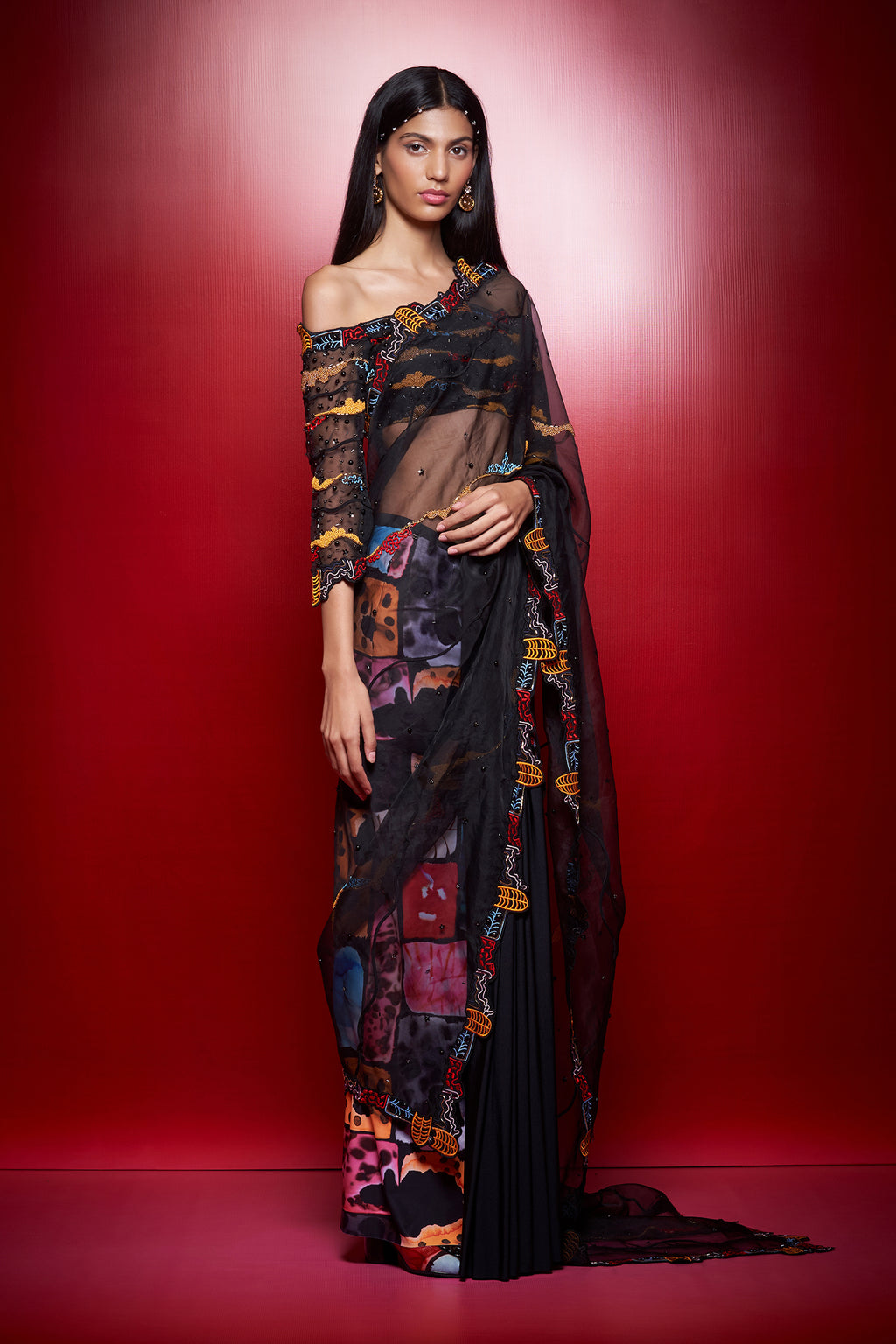 Noir Zoolo Lace Tailored Sari with Embellished Cord Blouse available ...